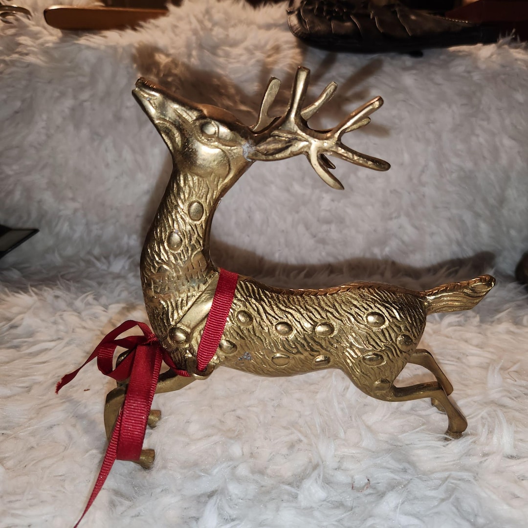 Vintage Solid Brass Reindeer Figurine With Red Ribbon MCM Cottage Fairy ...