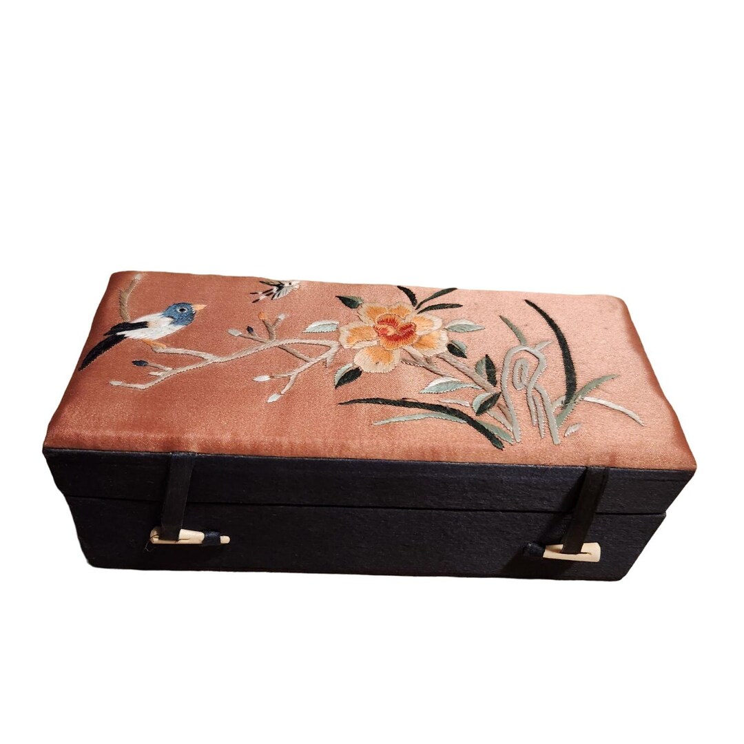 Vintage Antique 19th Century Chinese Embroidered Silk Jewelry Box With ...
