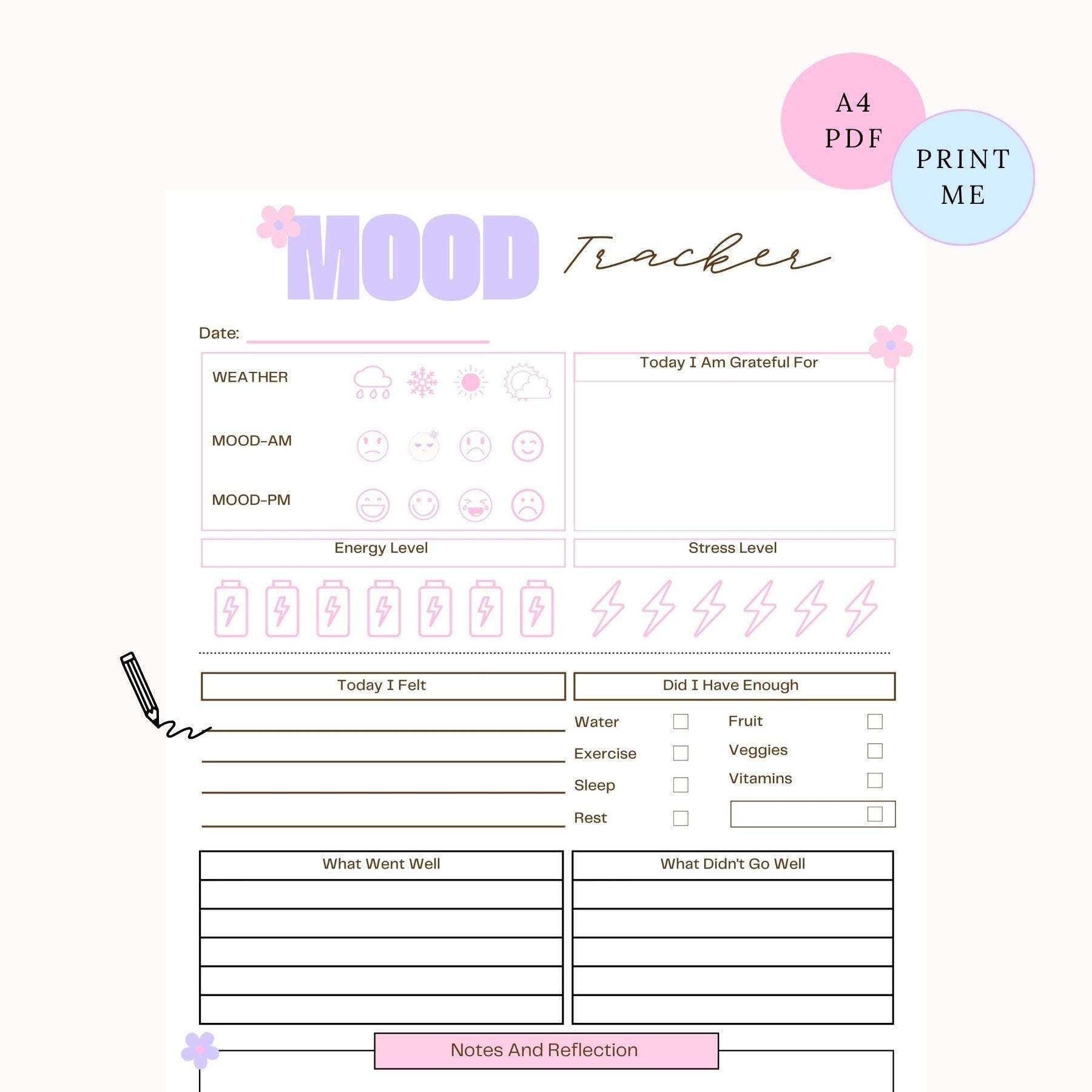 Mood Tracker Printable Daily Journal Prompt Mood Chart, Emotion Tracker ...