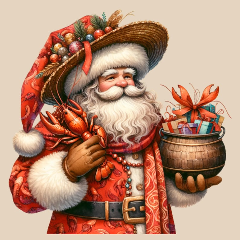 Cajun Christmas Clipart, Watercolor Cajun Santa and Alligator Clip Art ...