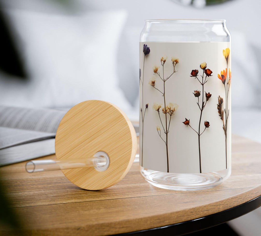 Pressed Flowers Sipper Glass: Botanical Spring Drink With Bamboo Lid - Etsy