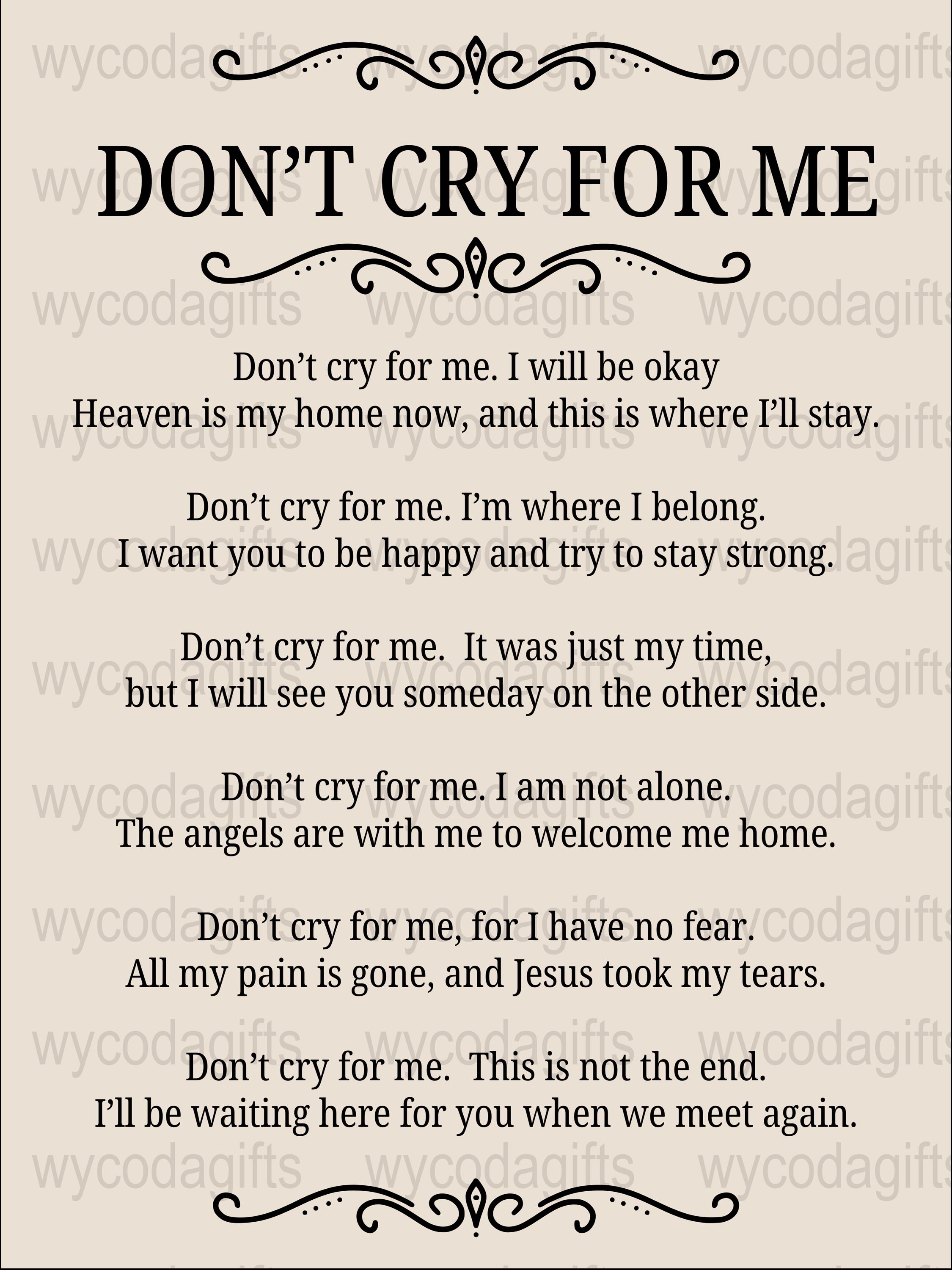 Don't Cry for Me Poster, Memorial Poem Printable, Digital Download ...