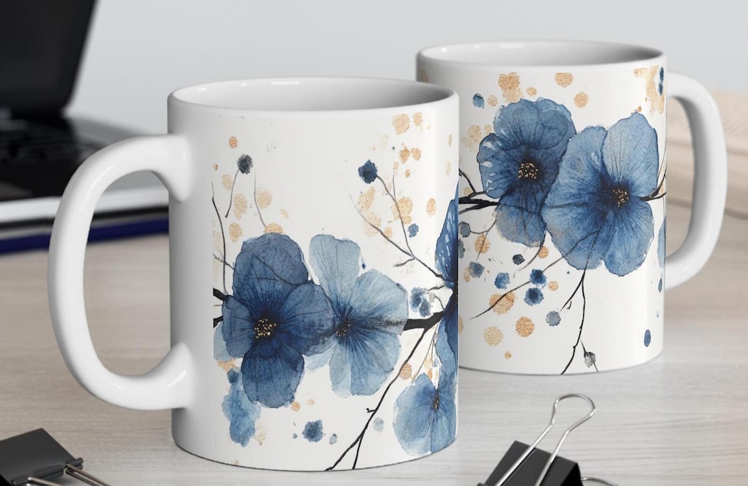Floral Ceramic Mug: Pressed Blue Flower Design, Coffee Lover Gift - Etsy