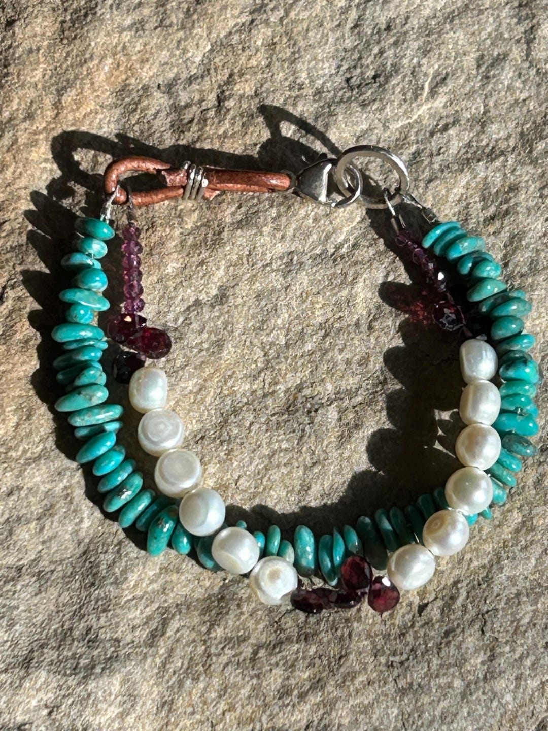 Campitos Nugget Turquoise W/pearl, Garnet, Leather and SS Bracelet - Etsy