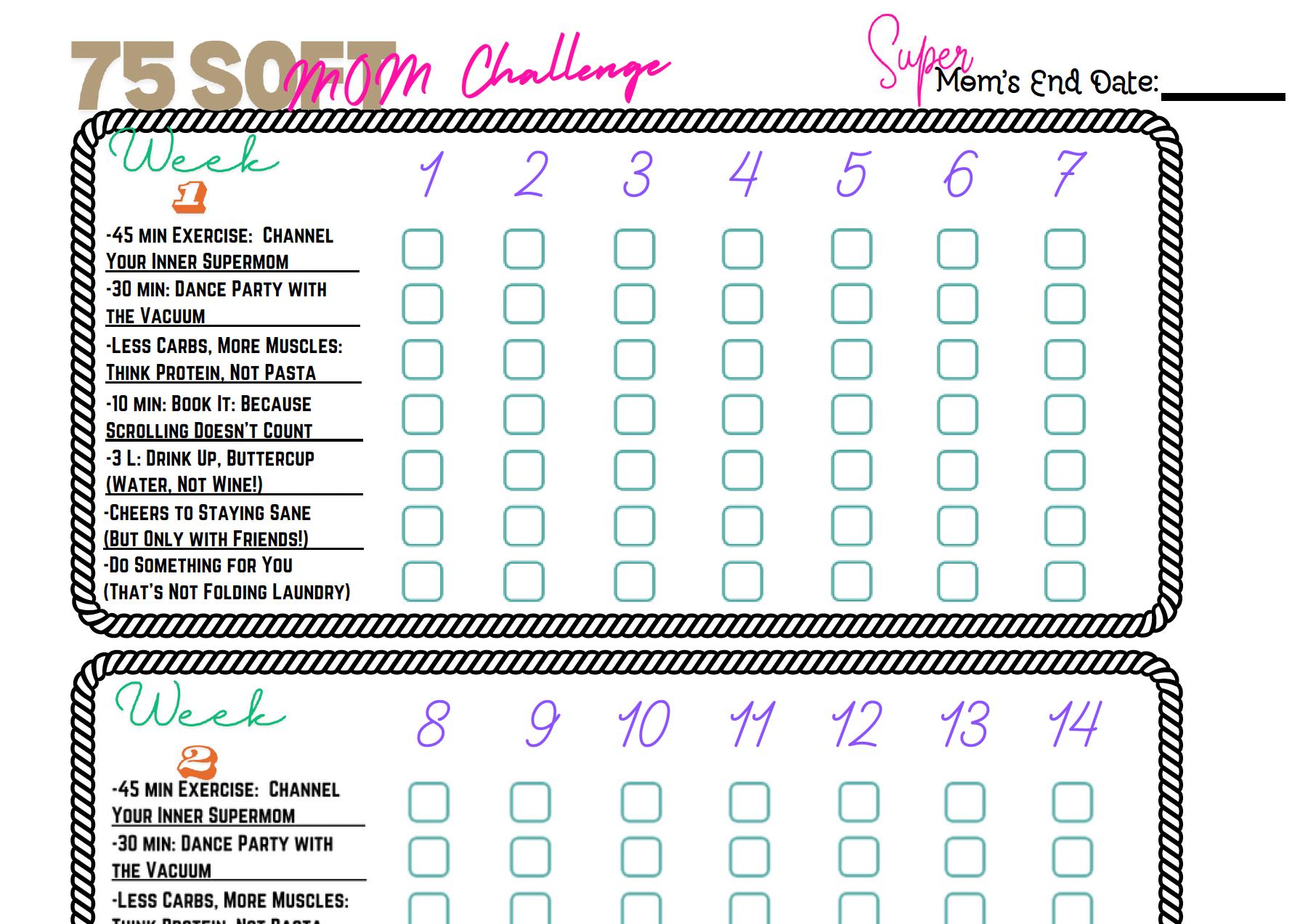 75 Soft Mom Challenge Tracker, 75 Days Challenge, Meal Planner, Workout ...