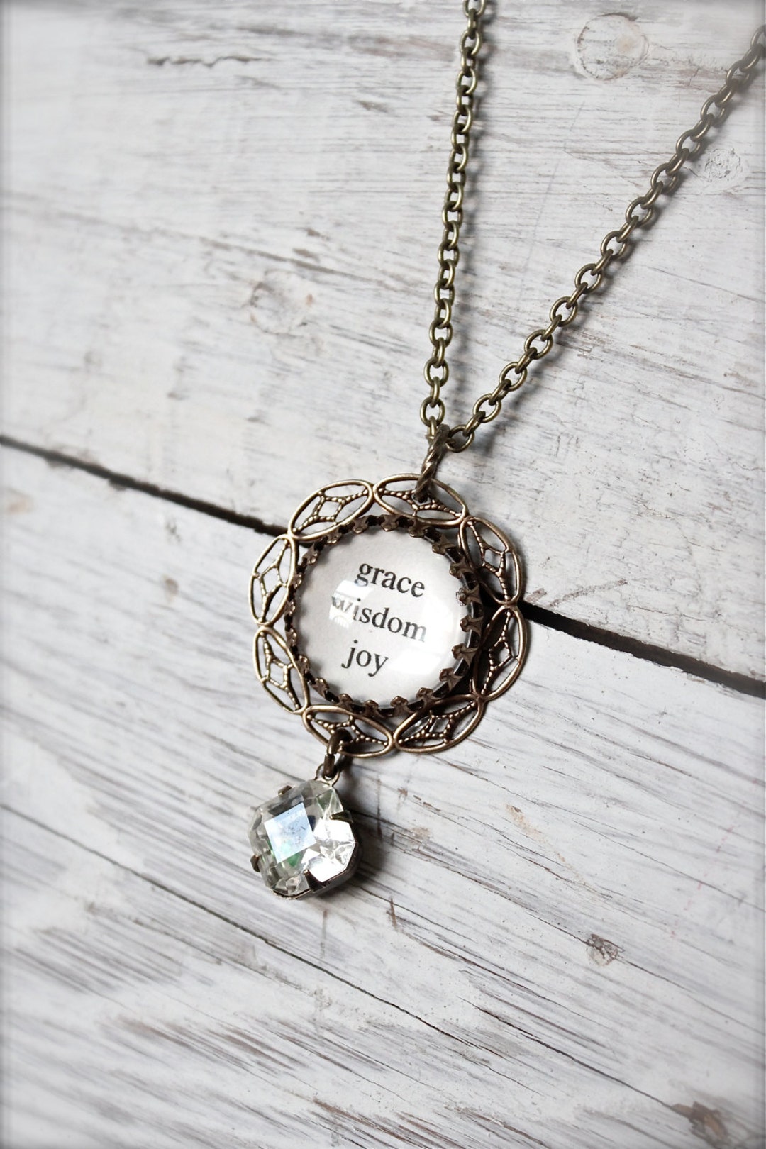 Grace Wisdom Joy Antique Brass Domed Glass Necklace. Inspirational ...