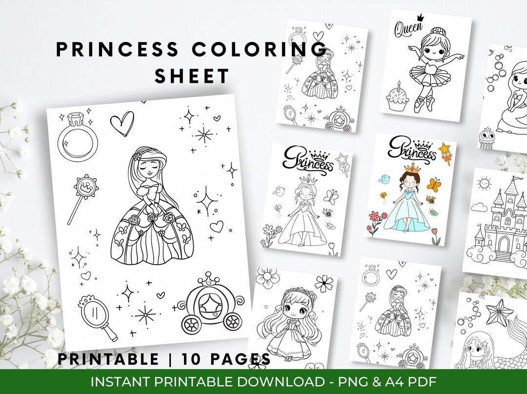 Princess Coloring Pages: Kids' Printable Activity Book (PDF & PNG Files ...