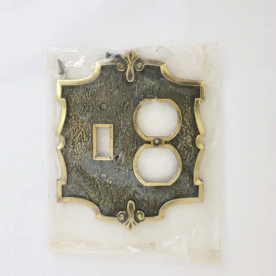 Vintage Duplex Receptacle and Switch Plate Metal Antique Brass Hall ...