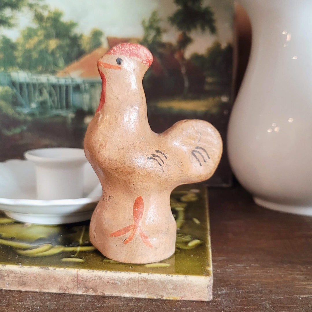 Small Folk Art Pottery Rooster Primitive Terracotta Yellow Ware - Etsy