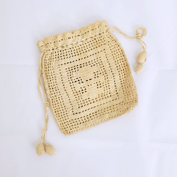 Small Vintage Filet Crochet Drawstring Bag in Ecru - … - Gem