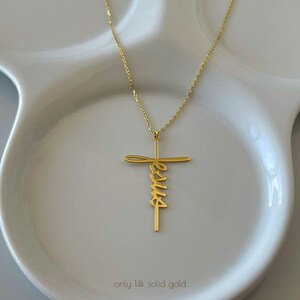 Jesus Script Cross Necklace 14k Gold Plated, Dainty Faith Necklace - Etsy