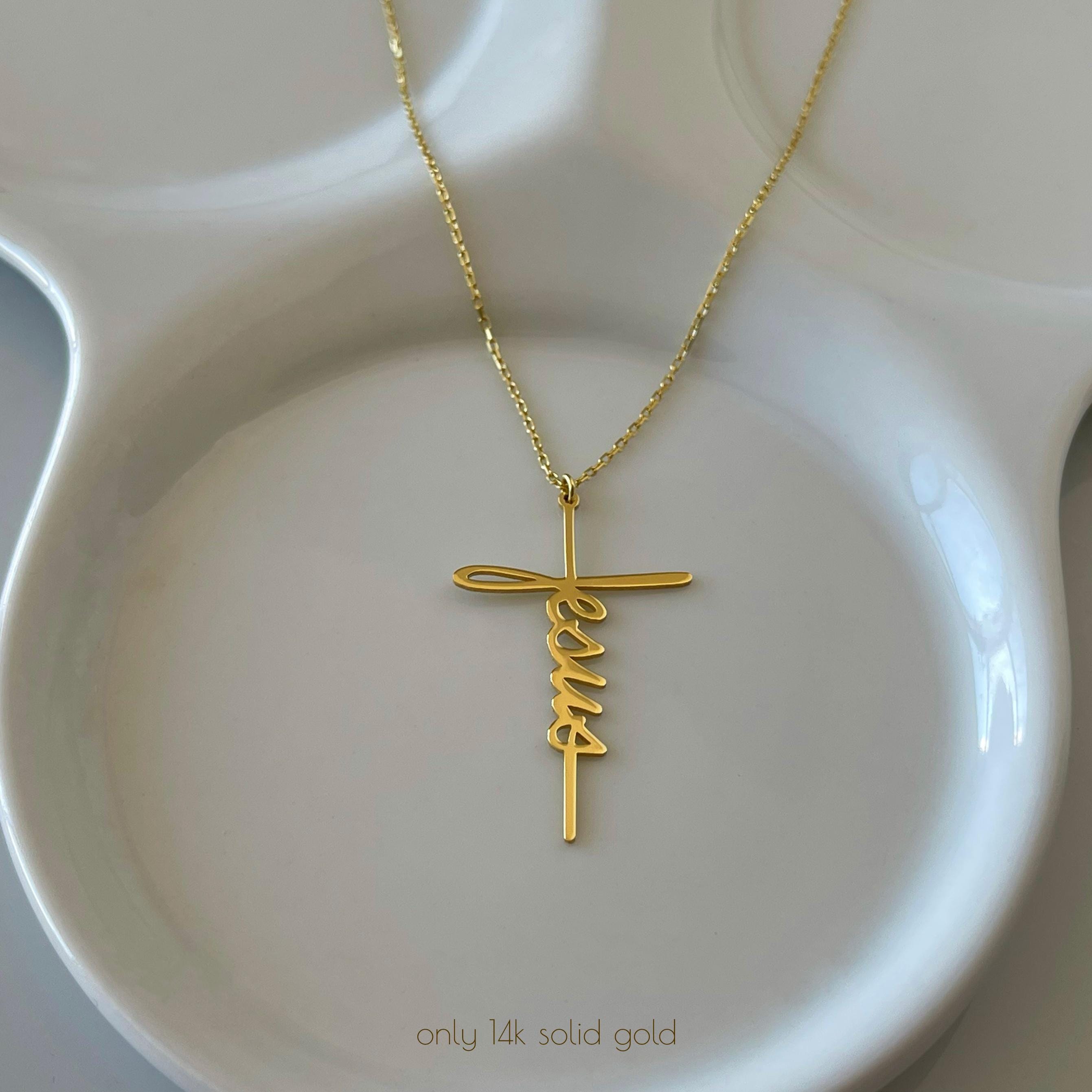 Solid 14k Gold Jesus Name Necklace in Cross Design, Inspirational ...