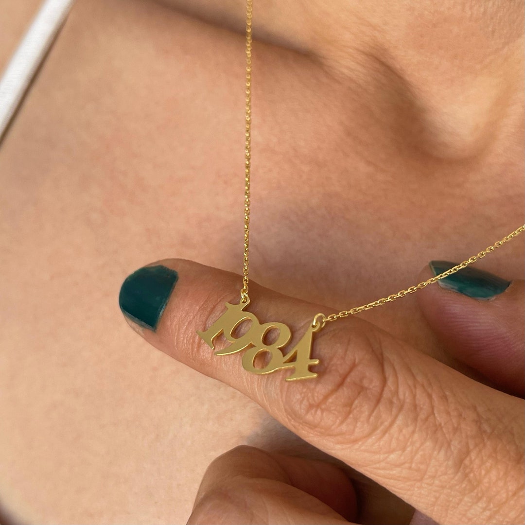 14k Solid Gold Birth Year Necklace, Custom Pendant in Pure Yellow Gold ...