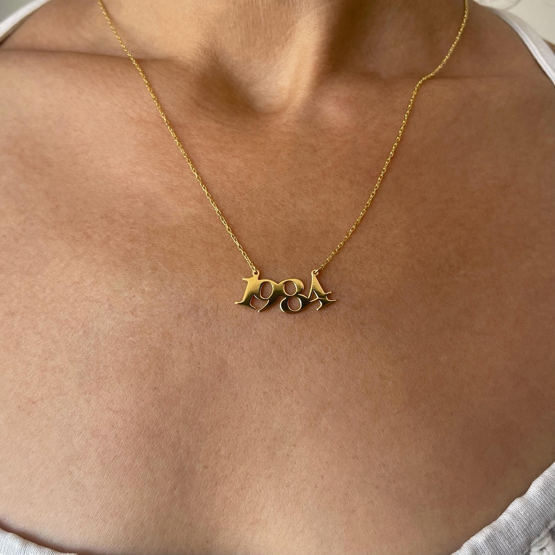 Pure 14k Gold Birth Year Necklace, Custom Year Pendant With Gold Chain ...
