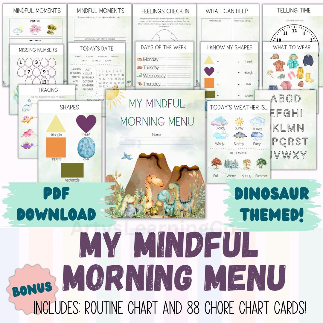 Mindful Morning Menu and Routine Chart, Dinosaur Themed Morning Menu ...