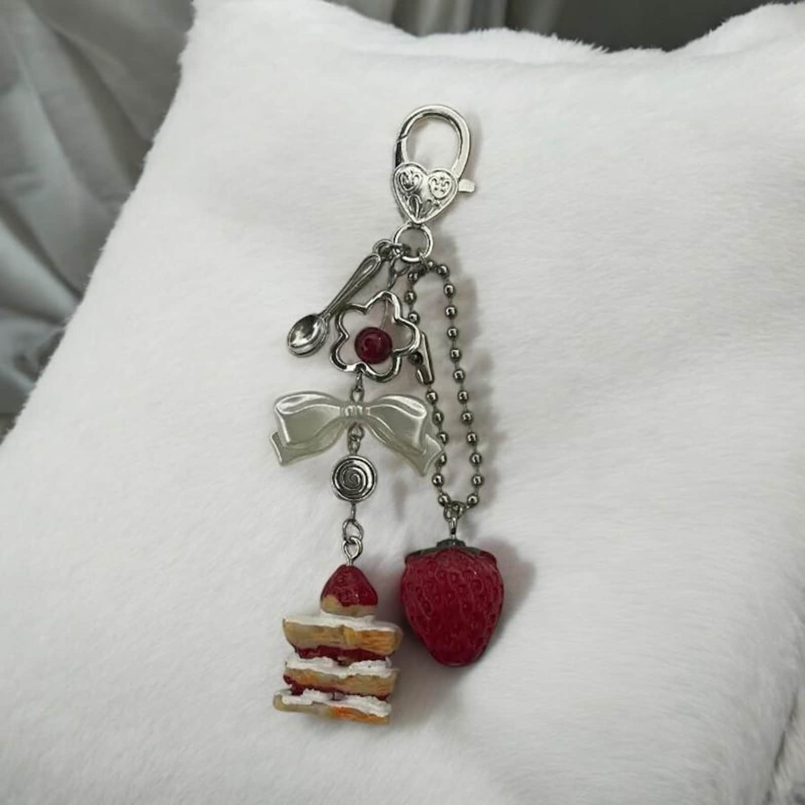 Handmade Strawberry Cake Keychain - Cute Miniature Dessert Jewelry ...