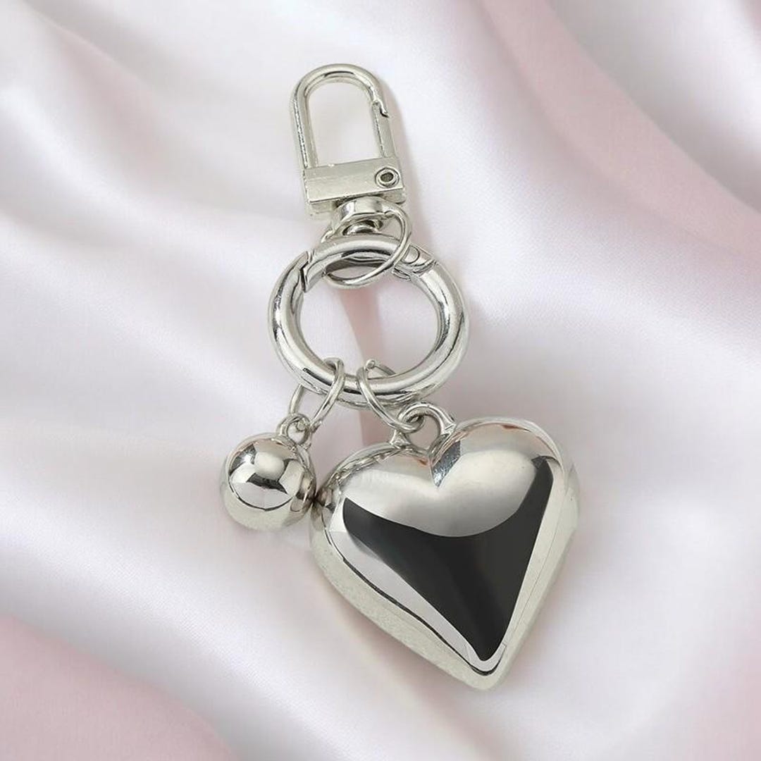 Y2K Gothic Silver Heart & Small Ball Keychain – Bold Heart Charm Gift ...
