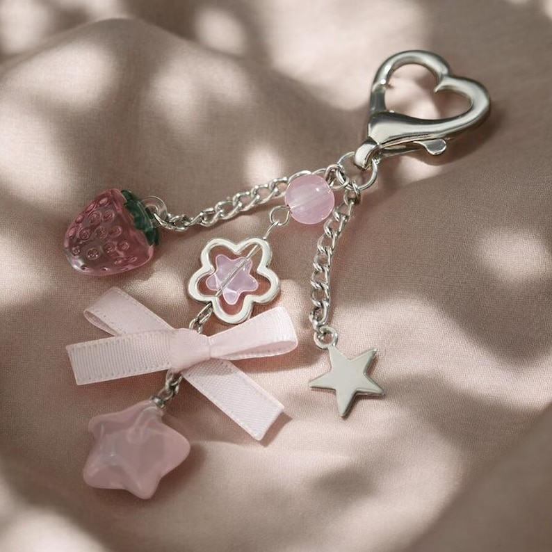 Cute Pink Strawberry Bow Keychain | Y2K Star Flower Tassel Heart Key ...