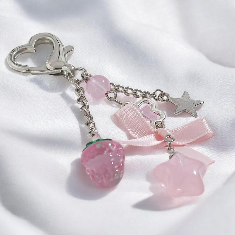 Cute Pink Strawberry Bow Keychain | Y2K Star Flower Tassel Heart Key ...