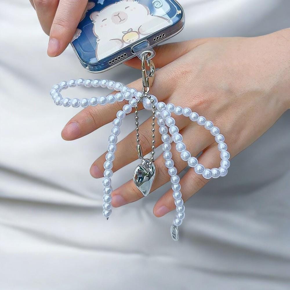 White Pearl Bow Coquette Keychain With Metal Heart Charm Elegant Gift ...
