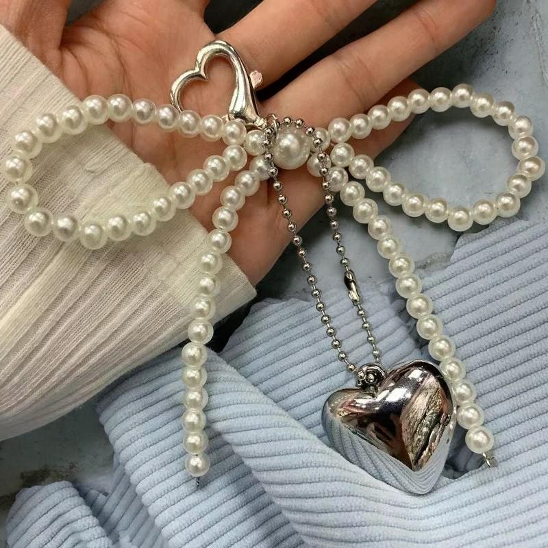White Pearl Bow Coquette Keychain With Metal Heart Charm Elegant Gift ...