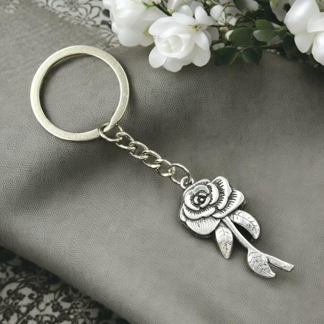 Silver Rose Flower Keychain Metal Chain Men's Car Key Accessory Unique ...