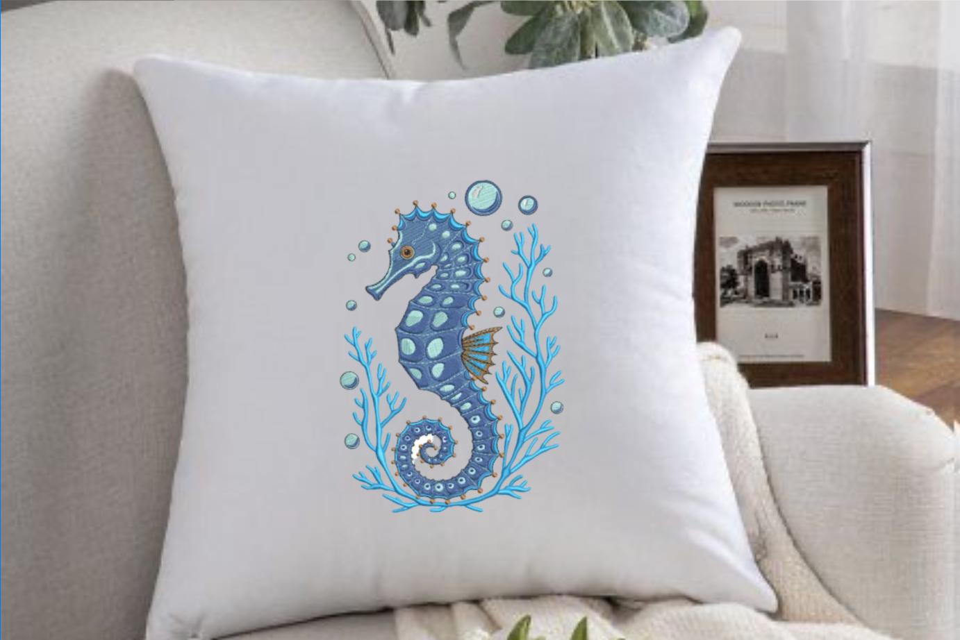 Blue Seahorse, Embroidery Design, Seahorse With Coral, Coastal ...