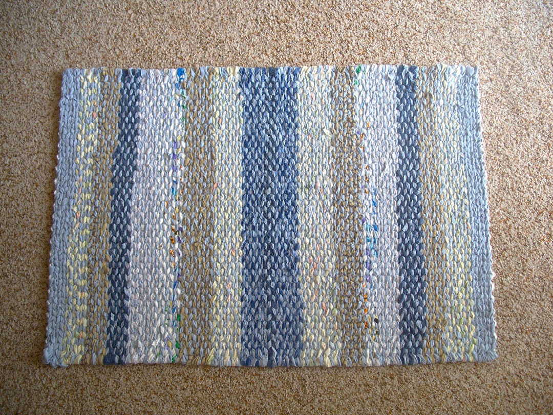 Twined Rag Rug, 24"x35" ~ Blues and Tan ~ Reversible, Repurpose ...