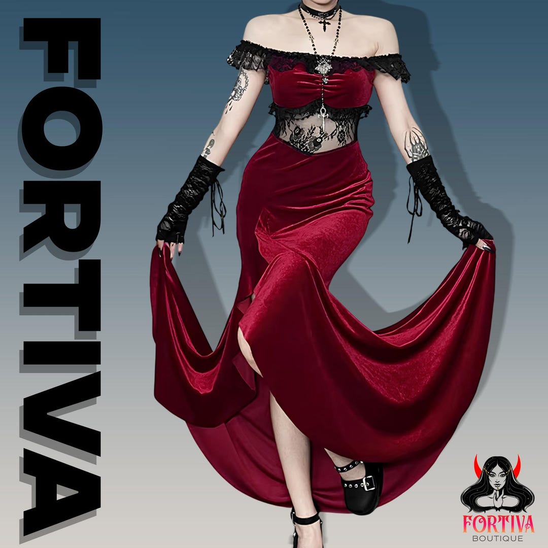 Palace Style Gothic Red Velvet Dress Womens Vintage Fairycore Grunge ...