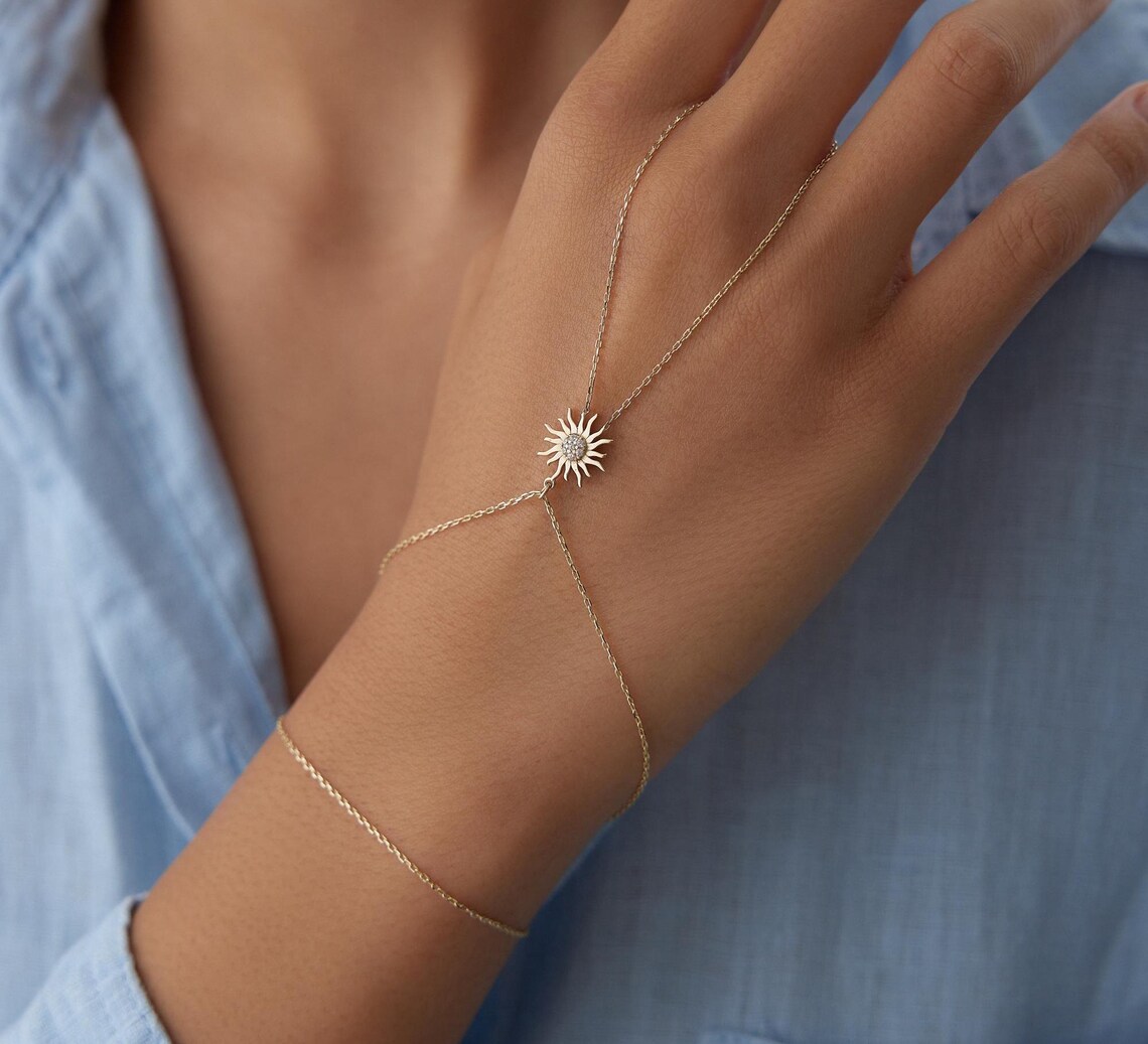 14K Solid Gold Sun Hand Chain Ring Bracelet, Gold Shahmaran Bracelet ...