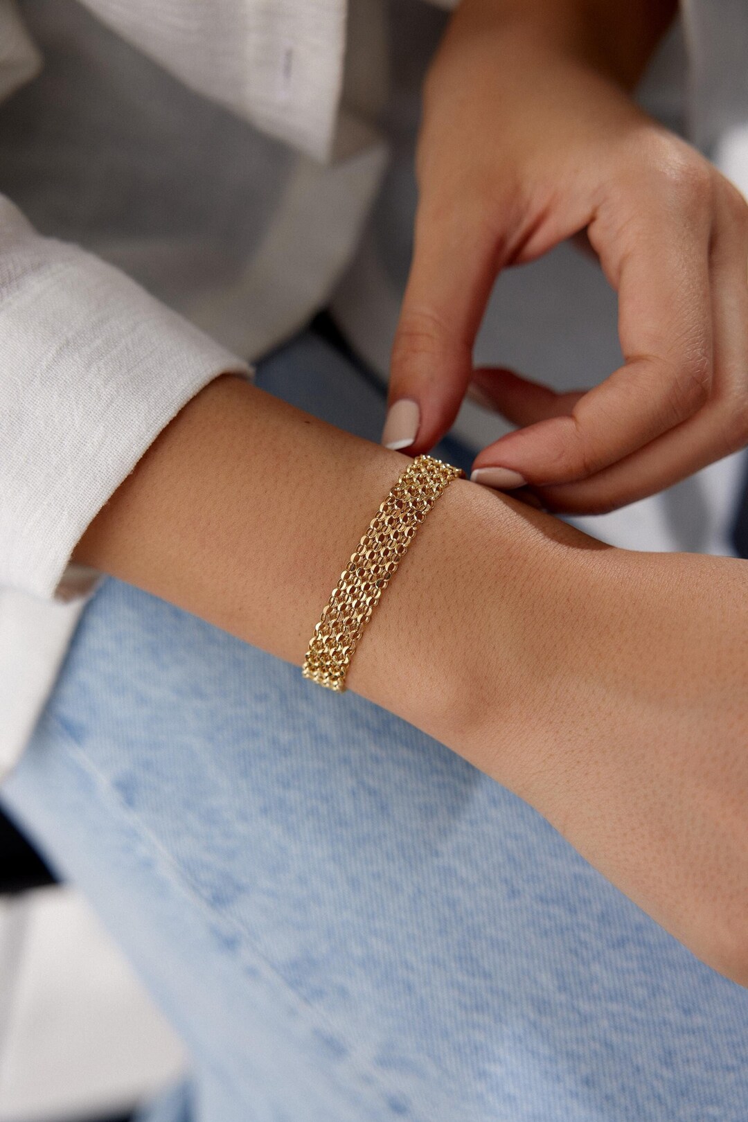 14k Solid Gold Yellow Gold Bismark Chain Bracelet, 14k Real Gold ...