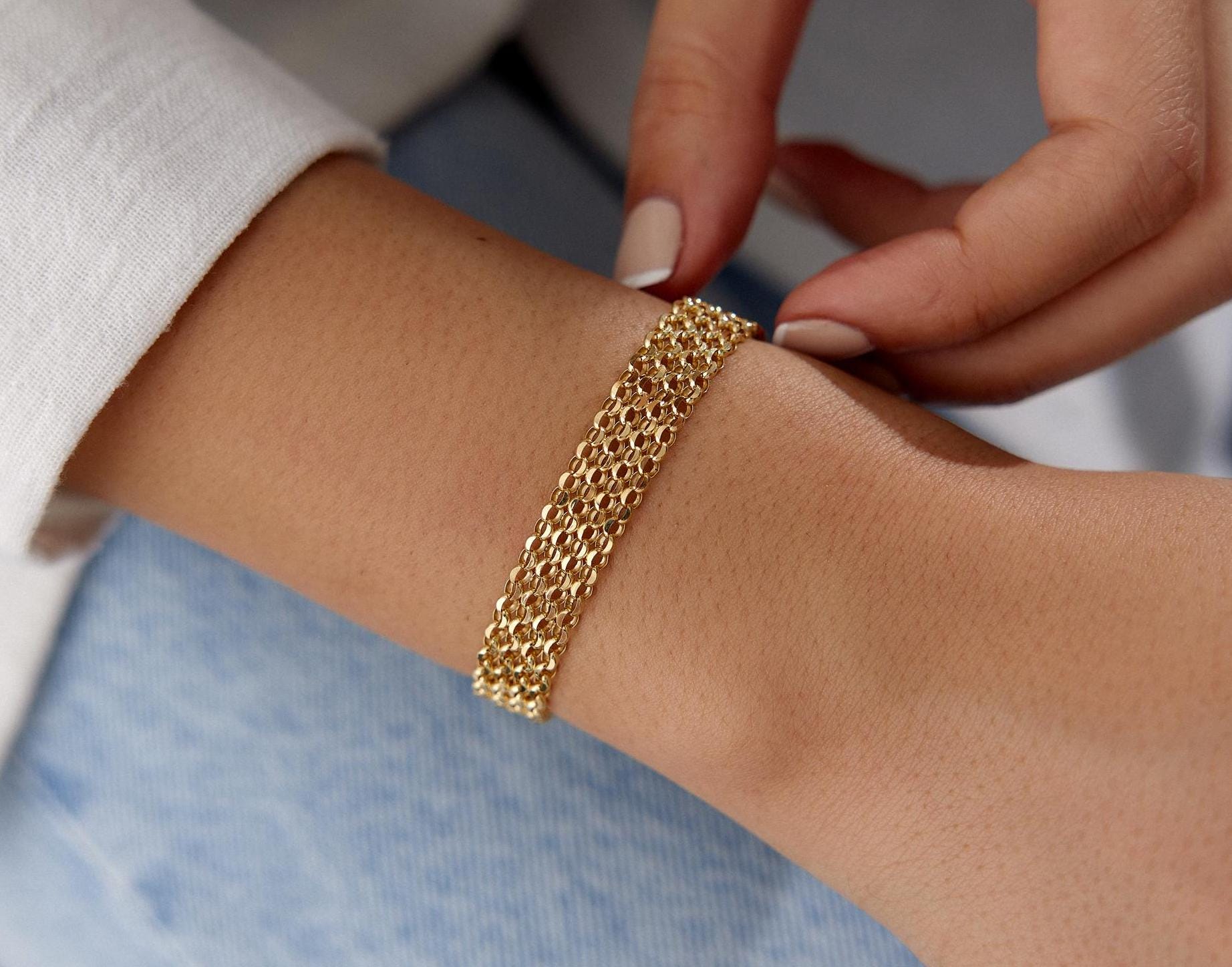 14k Solid Gold Yellow Gold Bismark Chain Bracelet, 14k Real Gold ...