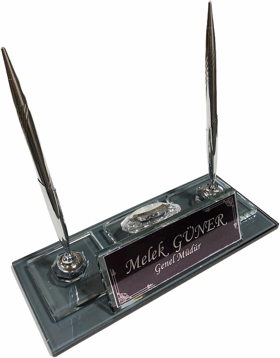 Custom Desk Name Plate - Glass Desk Name Plate With Clock, Pen Holder ...