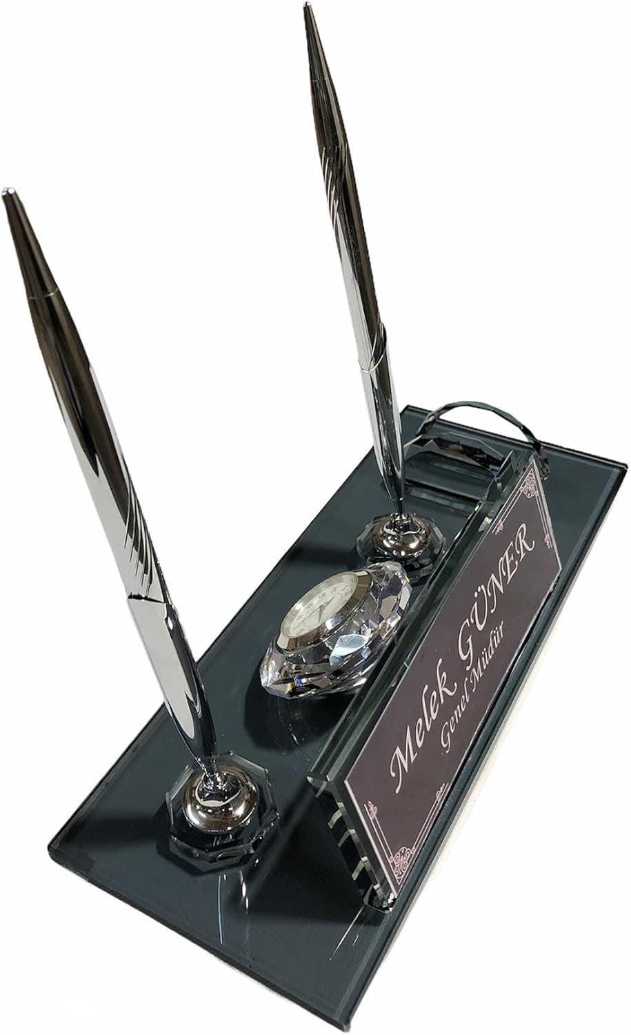 Custom Desk Name Plate - Glass Desk Name Plate With Clock, Pen Holder ...