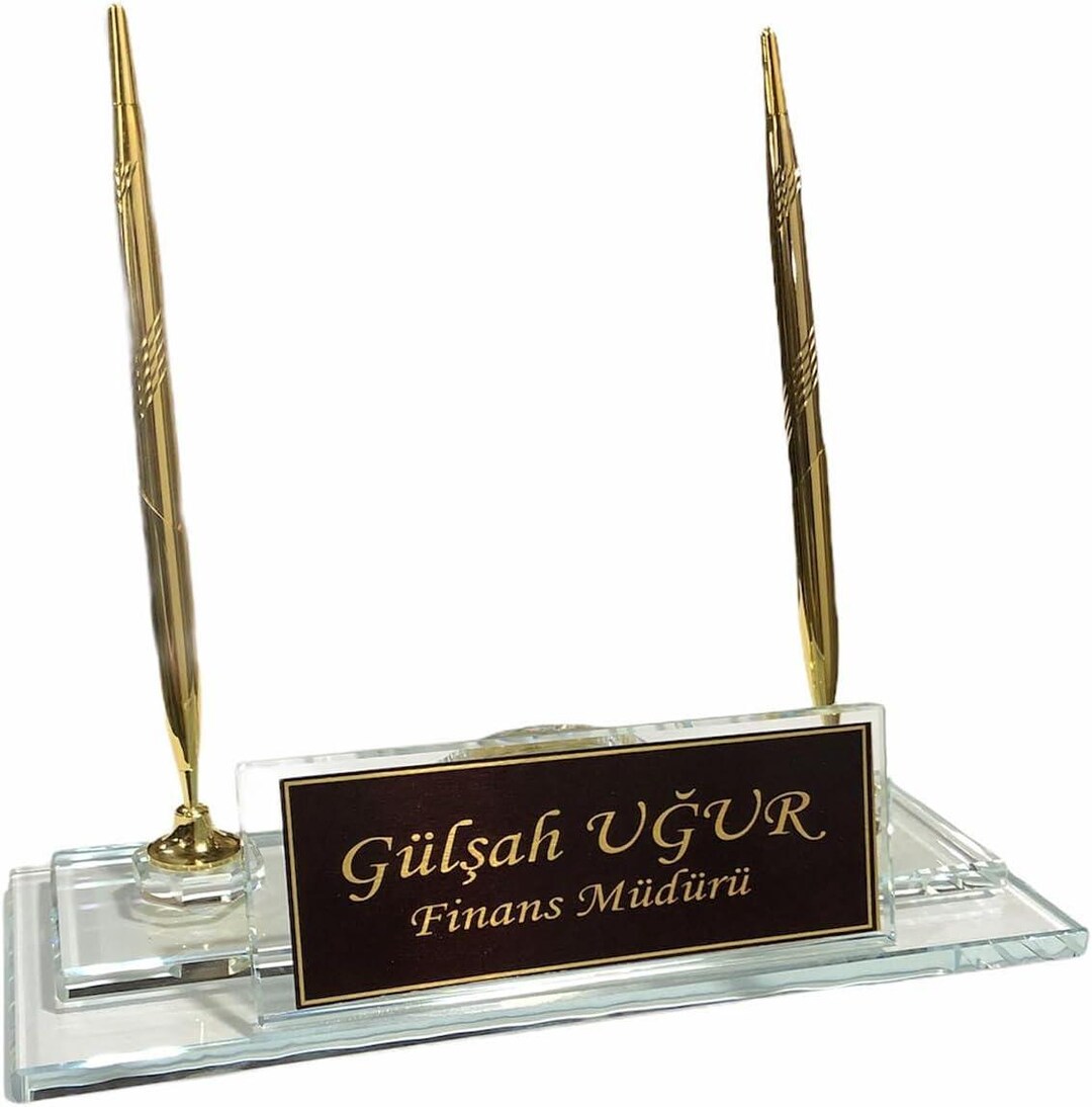 Custom Desk Name Plate: Black Glass Desk Name Plate With Clock, Pen ...