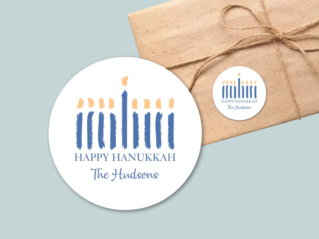 Personalized Round Gift Stickers for Hanukkah | Menorah Custom Gift ...