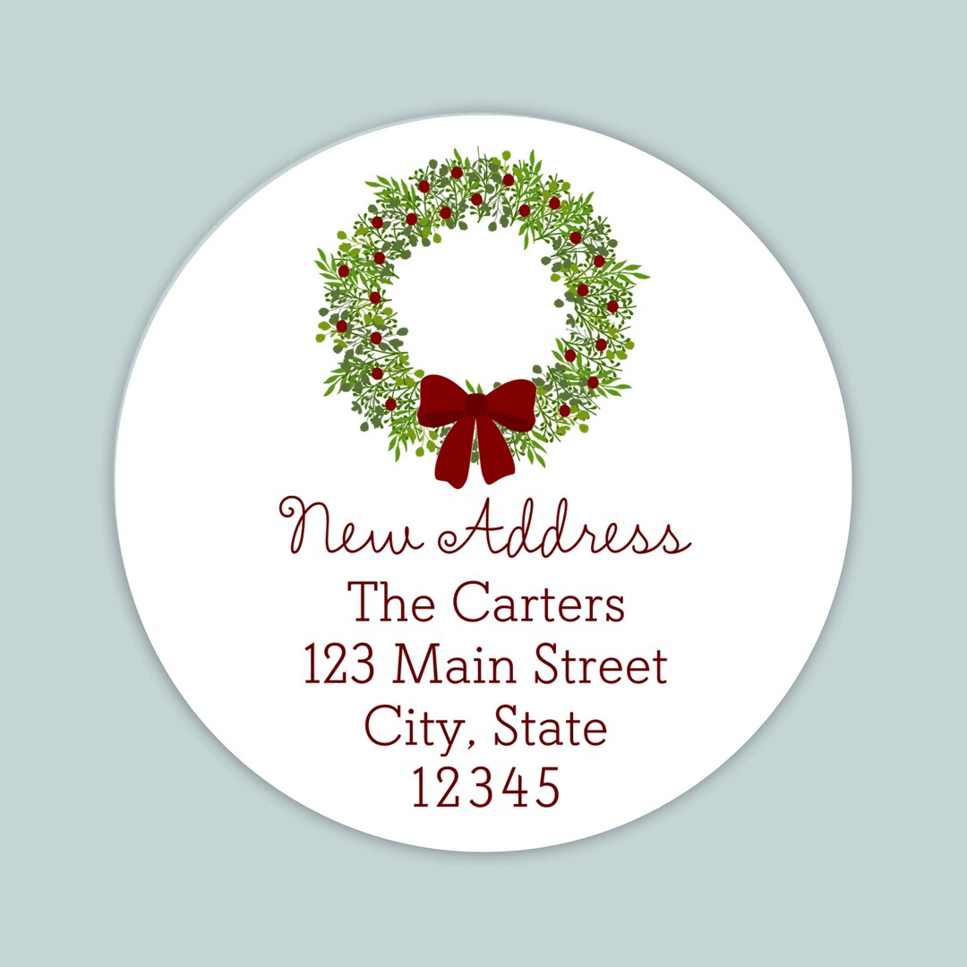 Personalized New Address Sticker: Holiday Rustic Green and Red Wreath ...