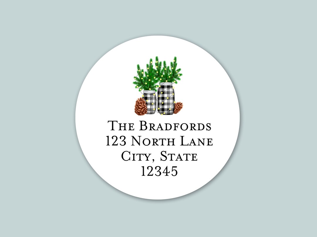 Personalized Holiday Return Address Sticker | Buffalo Plaid Mason Jars ...