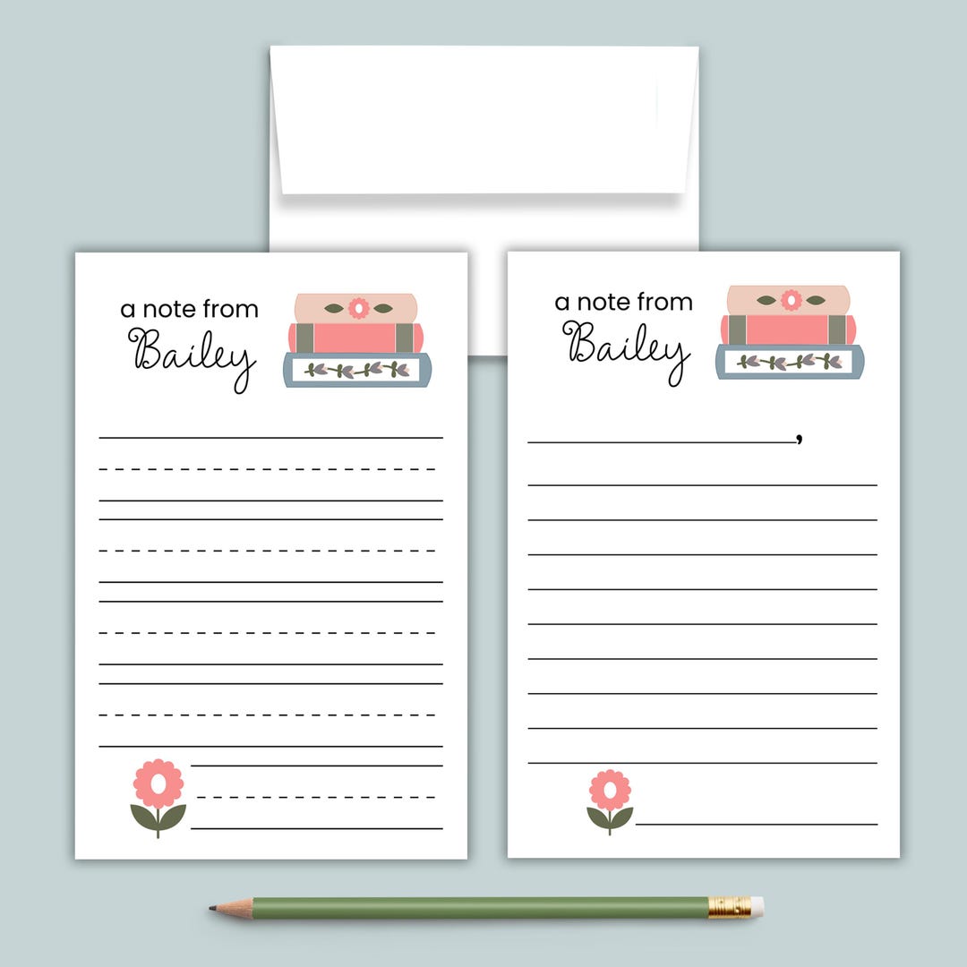 Personalized Stack of Books Stationery Letter Template Set: Lined ...