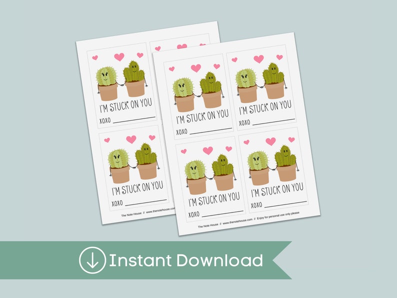 Cactus Valentine's Day Cards for Kids: 'stuck on You' (digital Download ...