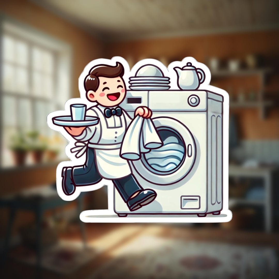 Waiter Doing Laundry Sticker, Cute Laundry Room Decor, Funny Household ...
