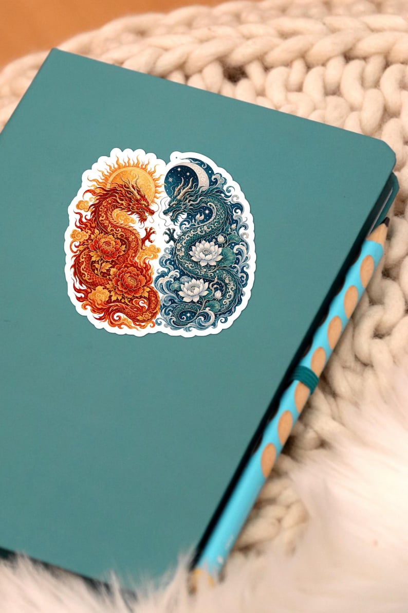 Chinese Dragon Sticker, Yin Yang Dragon Folk Art Sticker, Fire Water ...