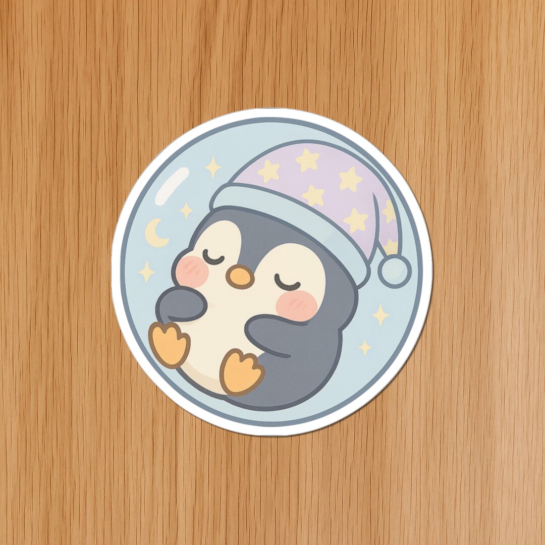 Sleepy Penguin Bubble Sticker | Kawaii Nap Time Vinyl Decal, Cute Star ...