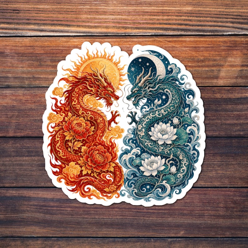 Chinese Dragon Sticker, Yin Yang Dragon Folk Art Sticker, Fire Water ...