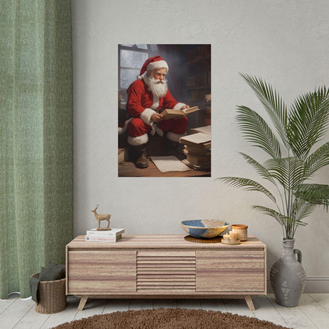 Santa Doing Homework Poster, Whimsical Holiday Wall Art, Christmas ...