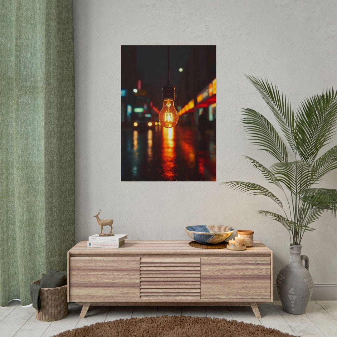 Moody Urban Light Bulb Wall Art - Cinematic Rainy Night Scene, Warm ...