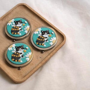 Customized Compact Mirror Cute Cat Hand Embroidered for Mom, Handmade ...