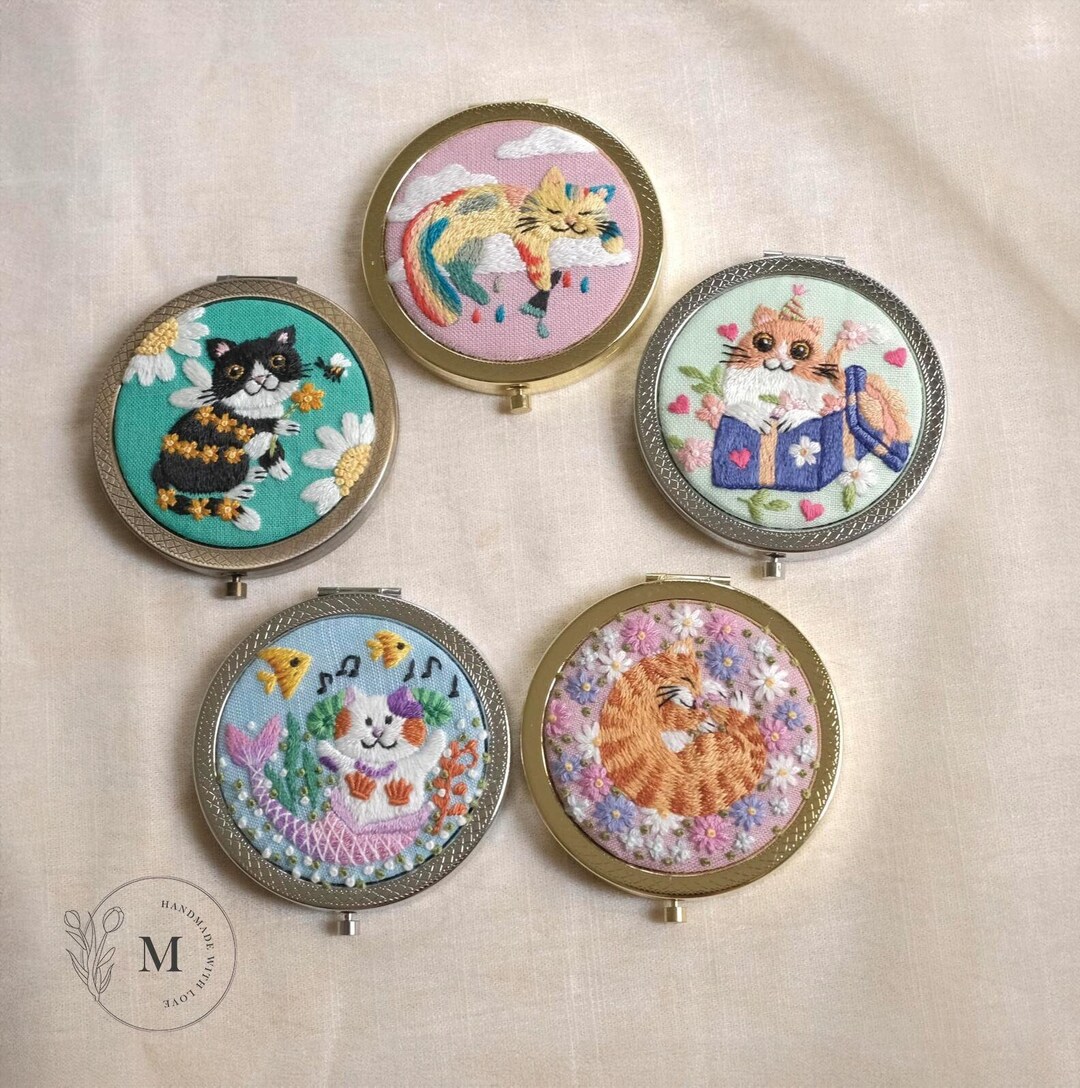 Customized Compact Mirror Cute Cat Hand Embroidered for Mom, Handmade ...