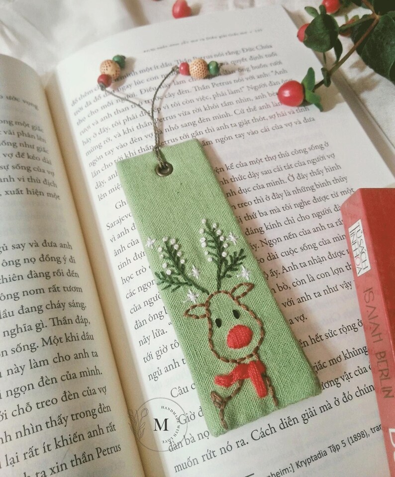 Personalized Bookmark Christmas Reindeer Hand Embroidered, Custom Name ...