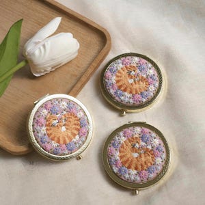 Customized Compact Mirror Cute Cat Hand Embroidered for Mom, Handmade ...